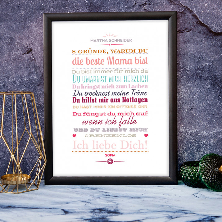 Beste Mama - Kunstdruck mit Rahmen - GeschenkSpeziell.de